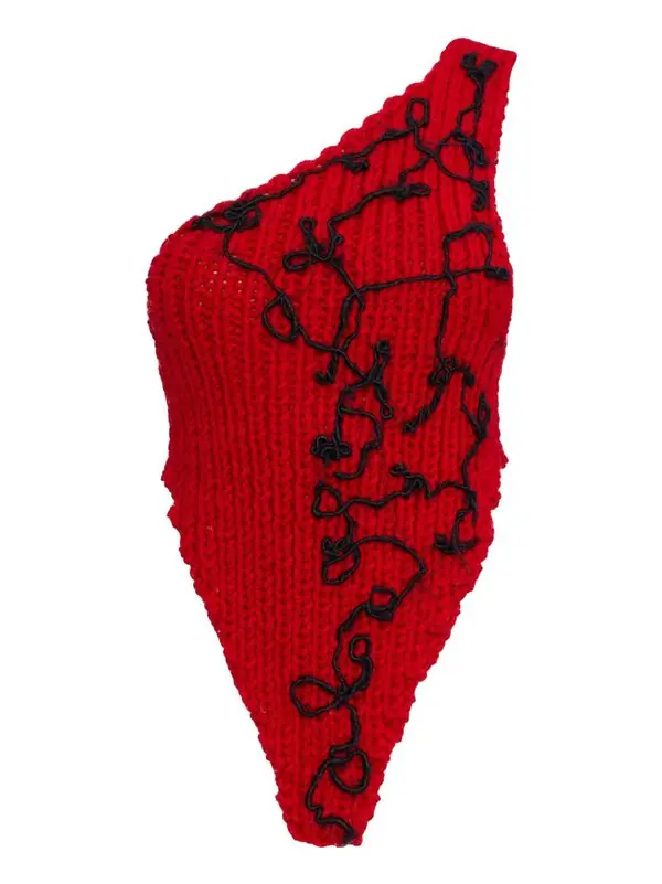 SARAH REGENSBURGER One Shoulder Cropped Knit Top With Banana Yarn Appliqu - Red
