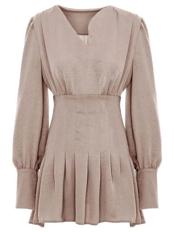 BLUZAT Neutrals Mini Dress With Pleats And Asymmetrical Cut Neck - Beige