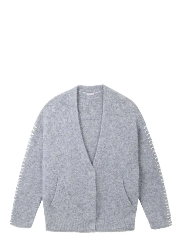 MAMU DREAM Soft Marl Alpaca Blend Cardigan With Ivory Stitch Detail - Grey