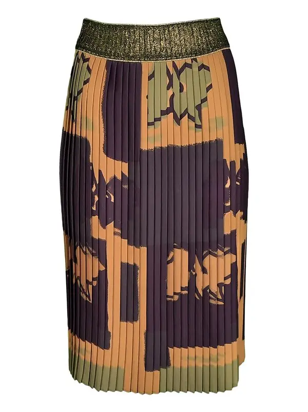 LALIPOP DESIGN Pleated Skirt With Sparkly Gold Waistb& & Digital Print - Yellow