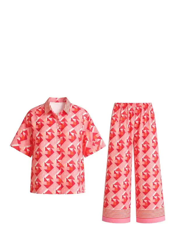 Loveist Store Coral Geometric Co-ord Set – Relaxed Fit Shirt & Wide-leg Trousers - Orange