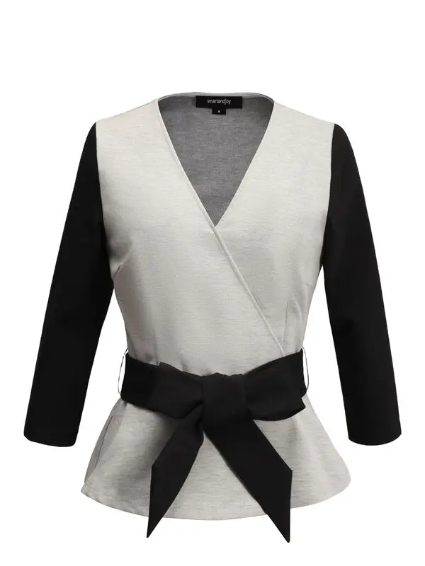 SMART AND JOY Color Black Peplum Top With Cross-heart Effect & Belt - Grey