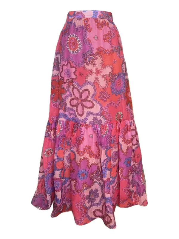 INTROVERTIE VIENNA Sorrento Flowy Silk Linen Maxi Skirt Bloom - Pink