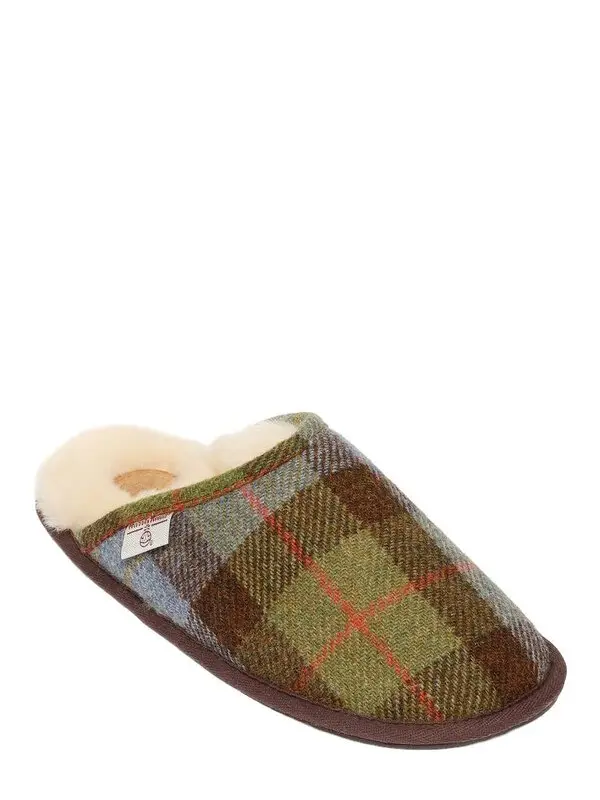 BEDROOM ATHLETICS William Harris Tweed Sheepskin Lined Mule Slippers Chocolate / Green Check - Brown