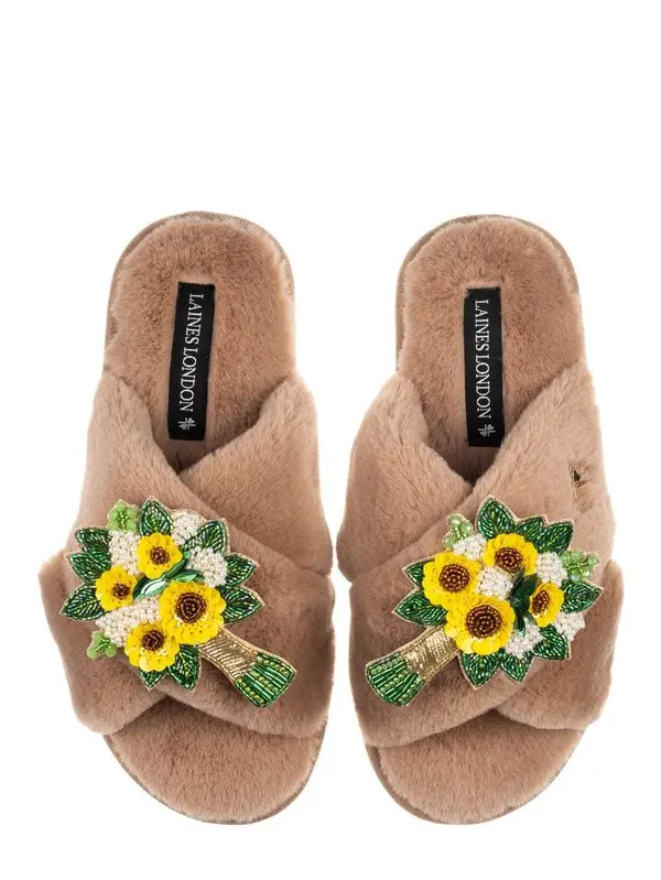 LAINES LONDON Neutrals Classic Laines Slippers With Yellow Bouquet Brooches Toffee - Brown