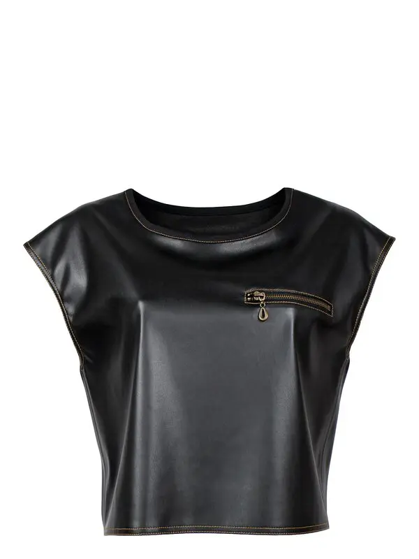 LALIPOP DESIGN Sleeveless Blouse With Vegan Leather Finish & Zipper Detail - Black