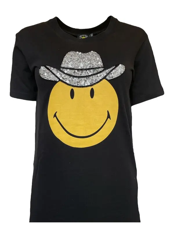 ANY OLD IRON Orange / Black / Silver Smiley Beaded Cowboy Black T-shirt - Orange/black/silver