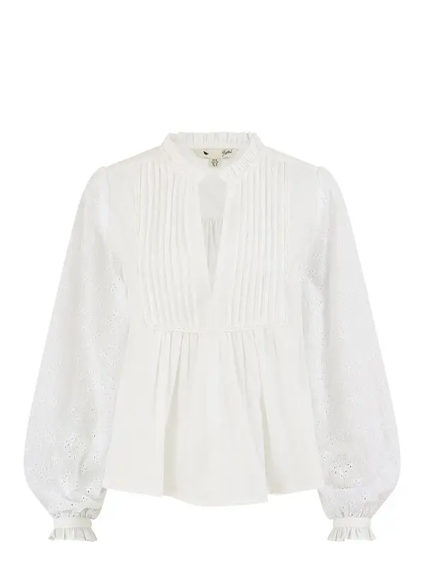YUMI Pleated Cotton Bib Shirt With Broderie Anglaise Sleeves - White