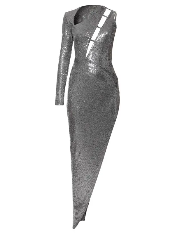 AGGI BY HALEWSKI Vivian Steel Grey Asymmetric Sequin Party Dress - Silver
