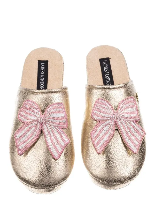 LAINES LONDON Softie Slippers With Stripe Pink Bow Brooches - Gold