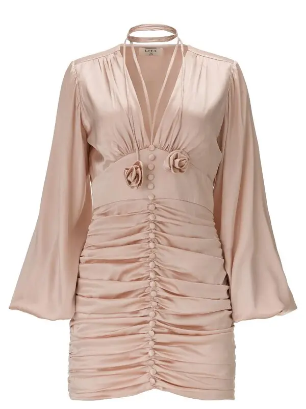 LITA COUTURE Ruched Mini Dress In Pink Satin - Orange