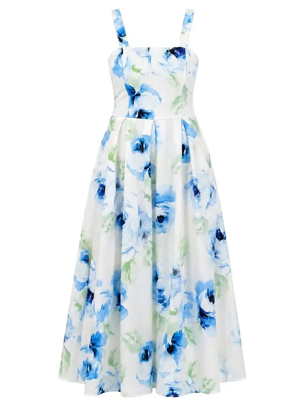 GIRL IN MIND Heather Floral Pleated Midi Dress - Blue