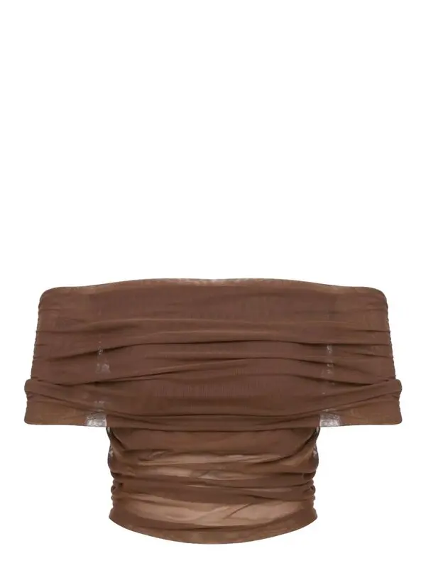 THISISU COLLECTION Sheer Crop Top Lightweight Semi-sheer Cropped Blouse Mocha Muse - Brown