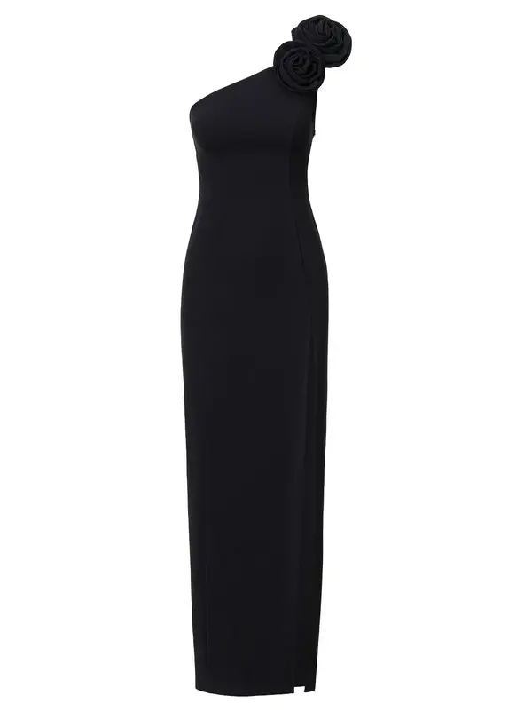 LITA COUTURE Rosette-appliqué Asymmetric Crepe Dress - Black