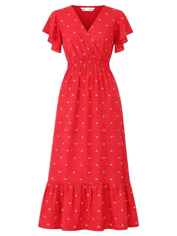 YUMI Broderie Anglaise Wrap Midi Dress With Flower Embroidery - Red