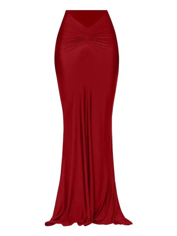 MODA GLAM Ruched Front Maxi Skirt- Burgundy - Red