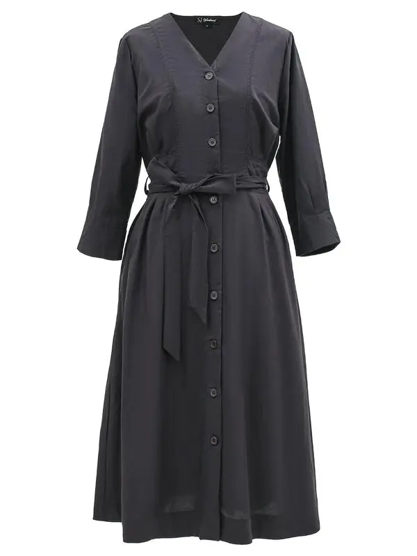 SMART AND JOY Minimalist Cotton Shirt Dress With Knotted Belt - Black