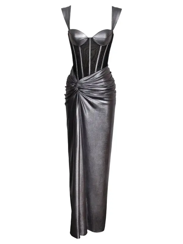 MISS CIRCLE NEW YORK Odessa Metallic Corset Maxi Dress - Silver