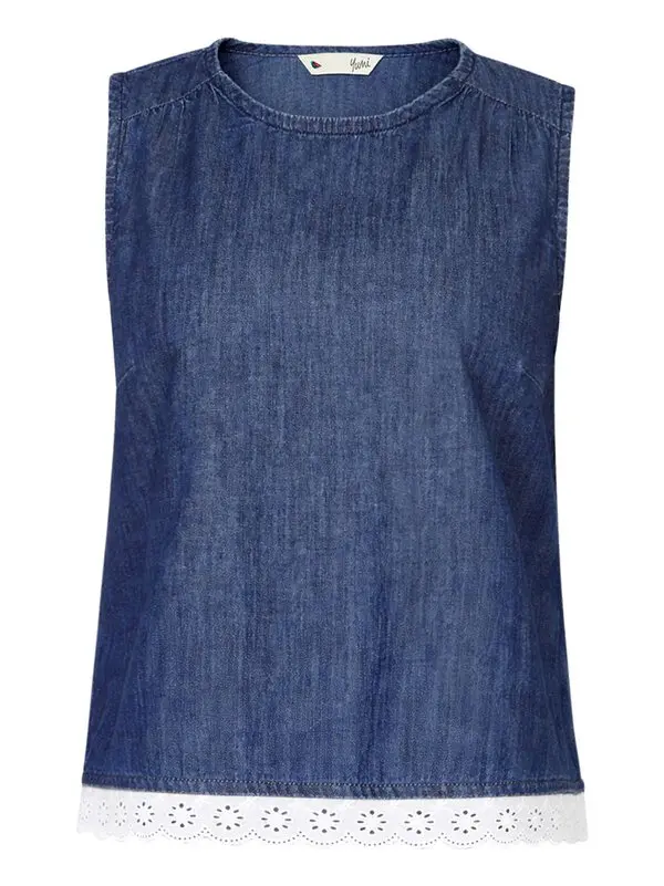 YUMI Cotton Chambray Top With Lace Trims - Blue