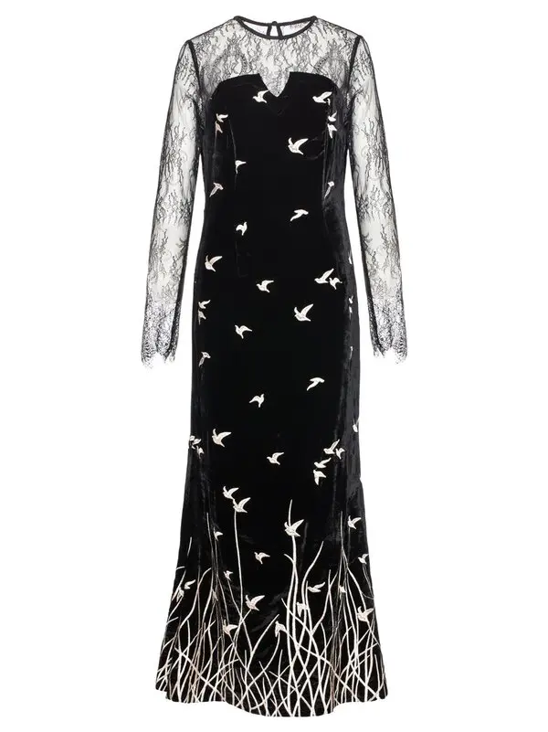 SMART AND JOY Golden Embroidery Velvet Maxi Dress - Black