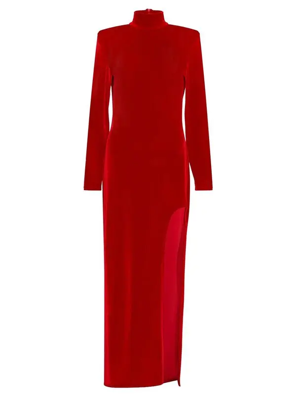 SARAH REGENSBURGER Velour Flame Dress With Side Slit - Red