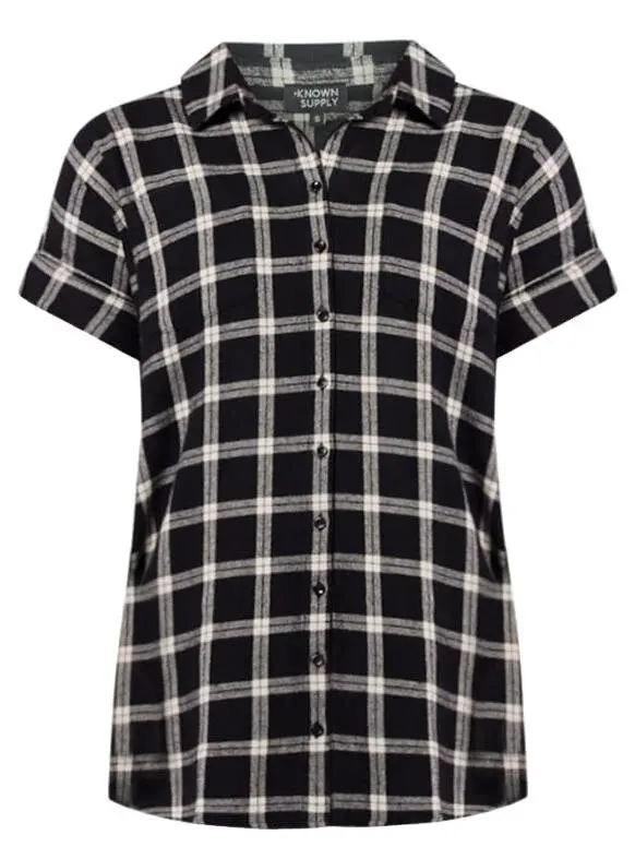 KNOWN SUPPLY Flannel Shirt Dress Amaris /taupe Plaid - Black