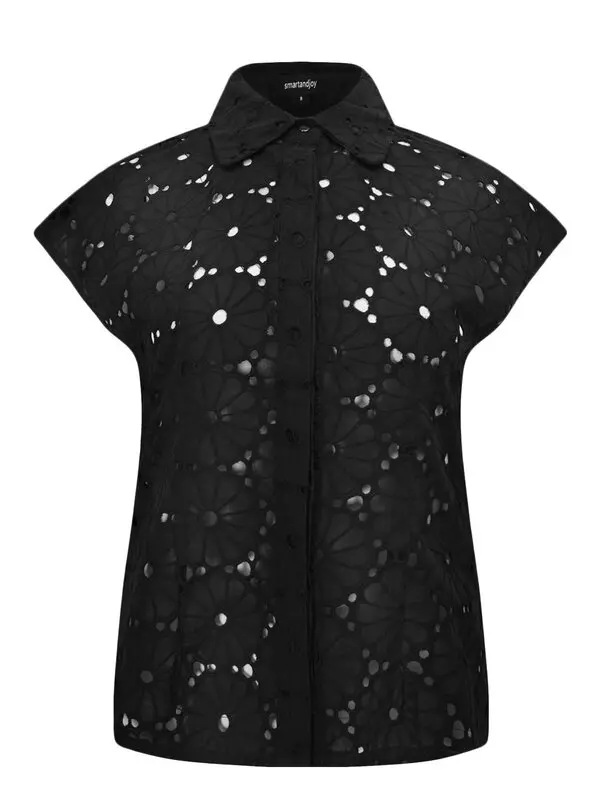 SMART AND JOY Cotton Lace Shirt With Short Sleeves - Black