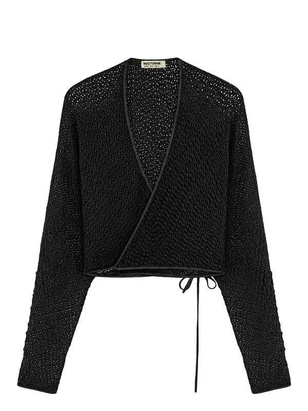 NOCTURNE Long Sleeve Wrap Mesh Blouse - Black