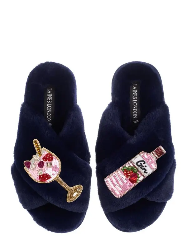 LAINES LONDON Classic Laines Slippers With Pink Gin & Fruit Glass Brooches Navy - Blue
