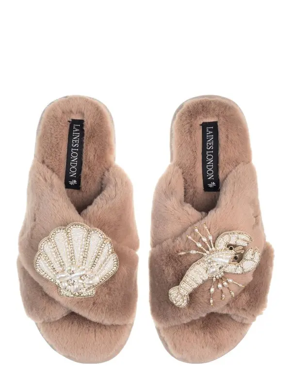LAINES LONDON Classic Laines Slippers With Pearl Beaded Lobster & Shell Brooches Toffee - Brown