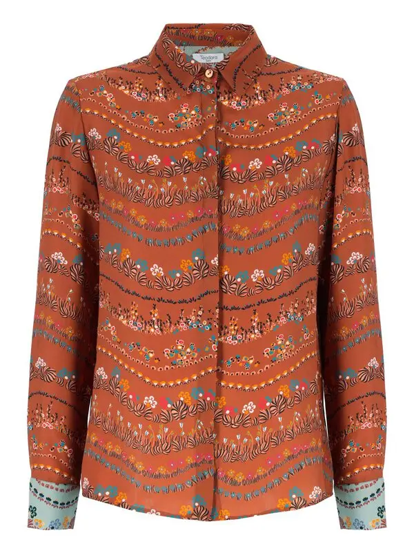 TEODORA MILANO Brown / Blue Lisbona Silk Shirt Flower - Brown/blue