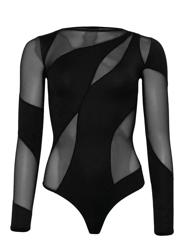 OW Spiral Mesh Long Sleeve Bodysuit - Black