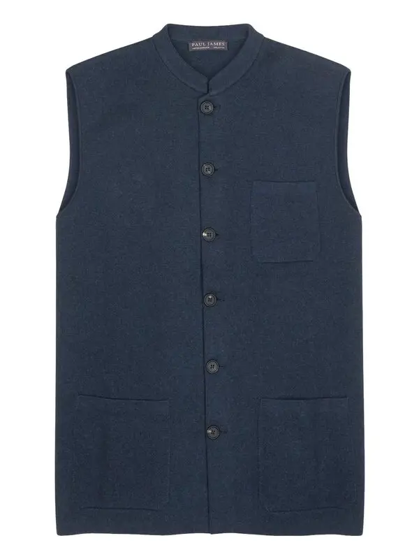 PAUL JAMES KNITWEAR Midweight Cotton Cochin Knitted Nehru Waistcoat Midnight - Blue