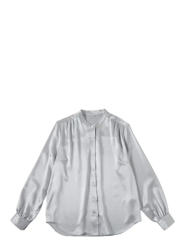SOFT STROKES SILK Pure Silk Long Sleeve Banded Collar Blouse - Silver