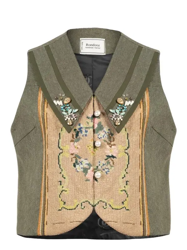 RONDOOZ Olive Bloom Hand Painted Denim Vest With Antique Gobelin Tapestry - Green