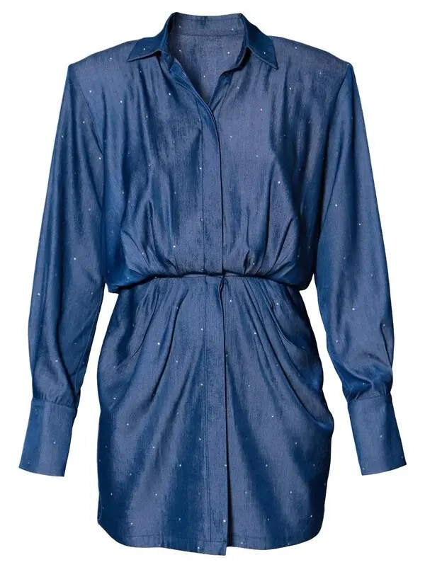 AGGI BY HALEWSKI Electra Jets Navy Denim Mini Shirt Dress With Long Sleeve - Blue