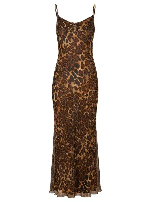 AMAANALUX Brown / Black Strappy Sheer Leopard Print Maxi Beach Summer Dress - Brown/black