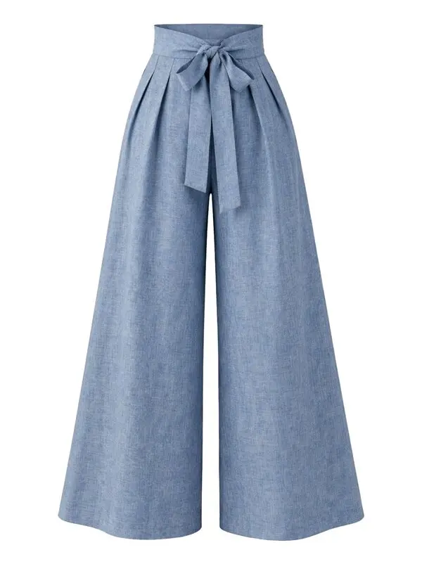 NIKKA PLACE Wide Leg Baggy Linen Pants With High Waist And Front Tie In Melange - Blue