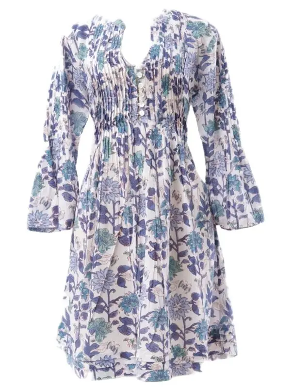 WILD ROSE Poa Floral Cotton Hand Block Print Dress - Blue