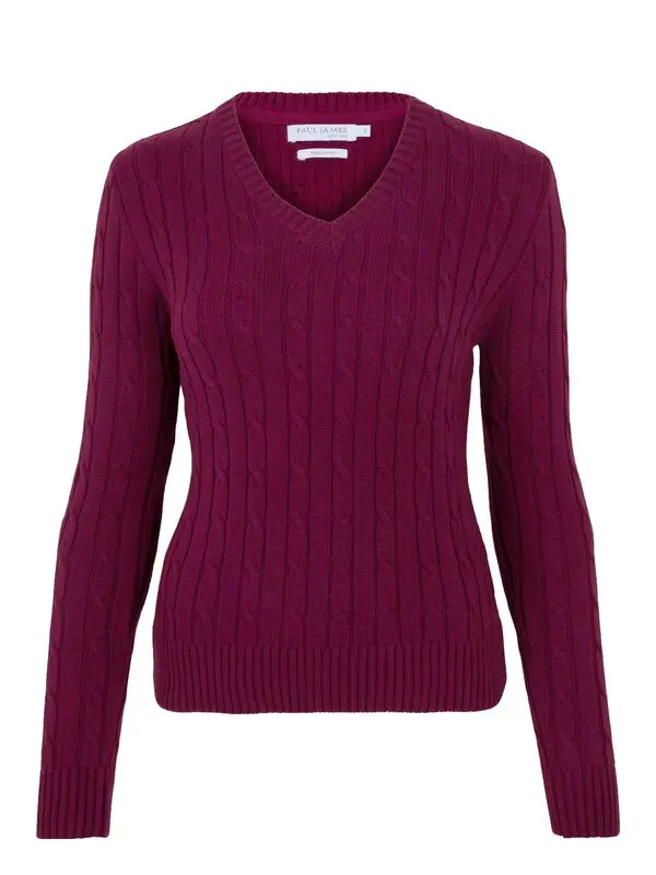 PAUL JAMES KNITWEAR Cotton Talulah Cable V Neck Jumper Rhododendron - Red