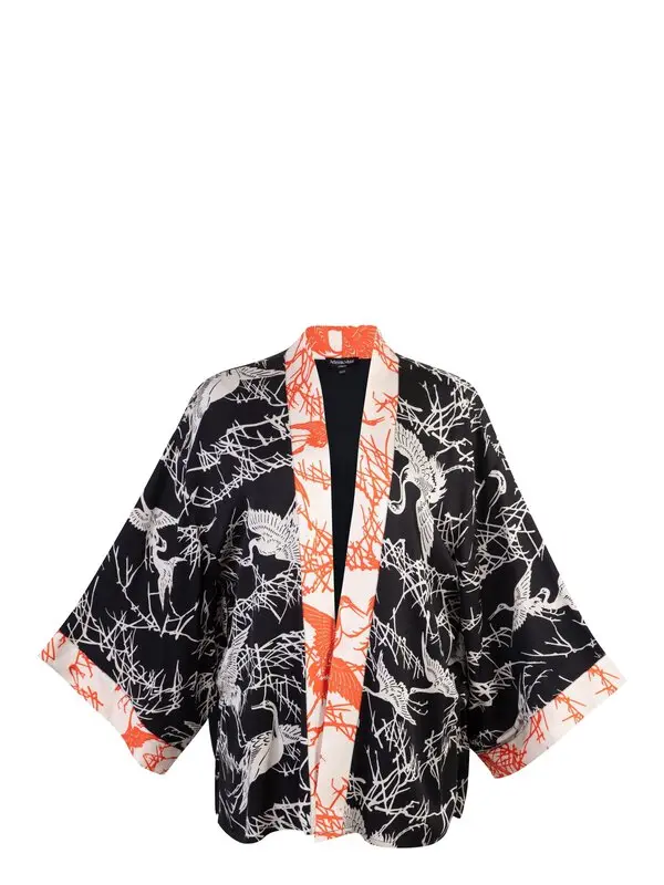 ARTEMIS MUSE Japanese Crane Print & Ivory Lined Short Kimono - Black