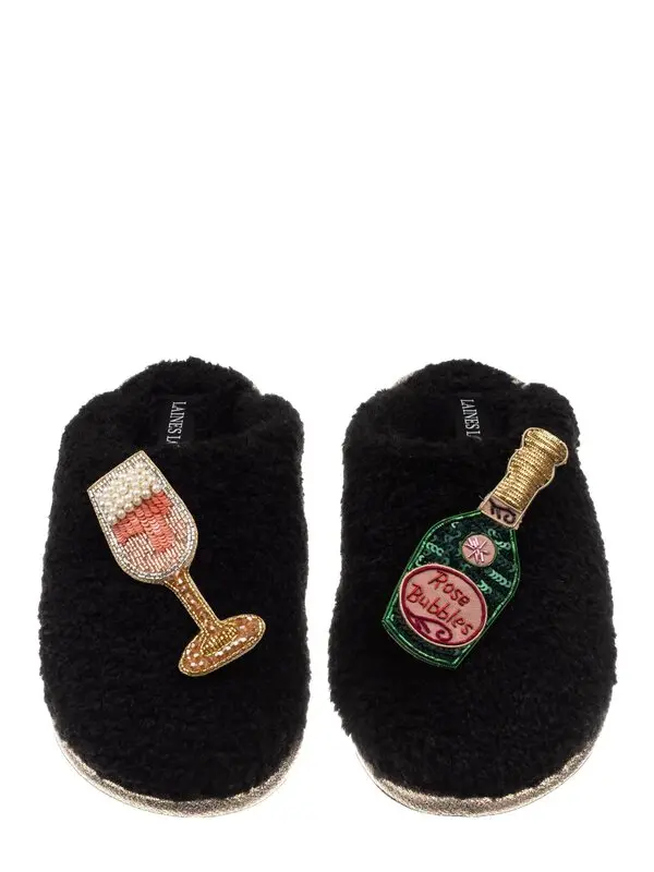 LAINES LONDON Teddy Closed Toe Slippers With Pink Champagne & Glass Brooches - Black