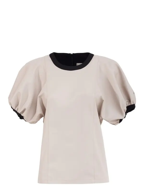 JULIA ALLERT Neutrals Puff Sleeve Faux Leather Top – Beige - Beige/black