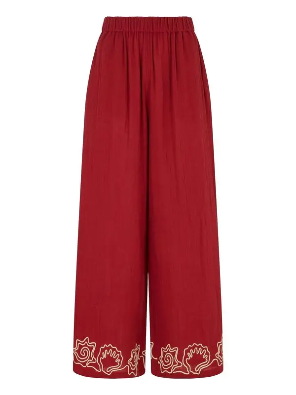 RAFFYA Milly Wide Leg Embroide Trouser In Berry - Red