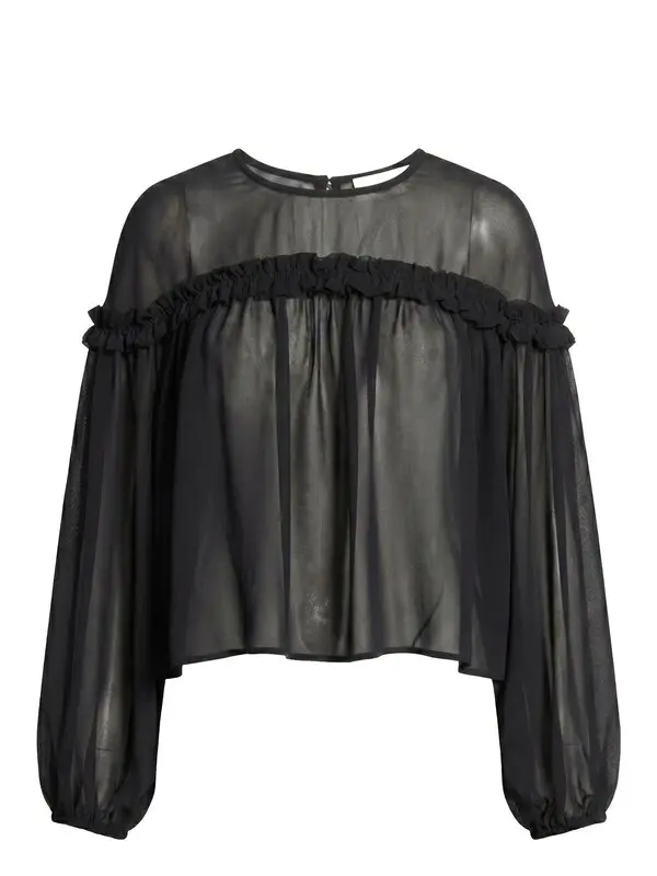 MODENAIRE Sheer Ruffle Blouse Fluid Silhouette - Black