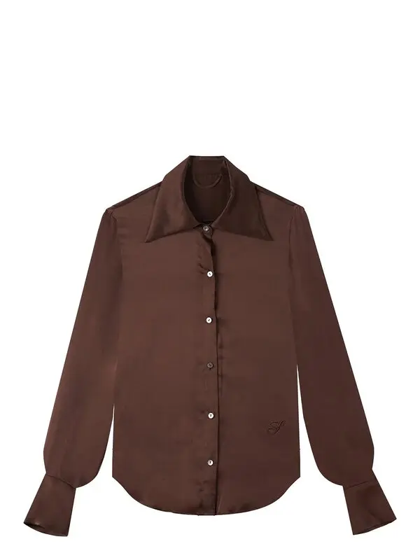 SILKINC Wide Collar Silk Shirt - Brown