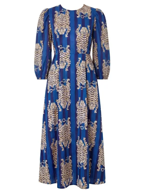 THE WELL WORN The Ada Dress – Sustainable Midi Dress With Tiger Print - Blue