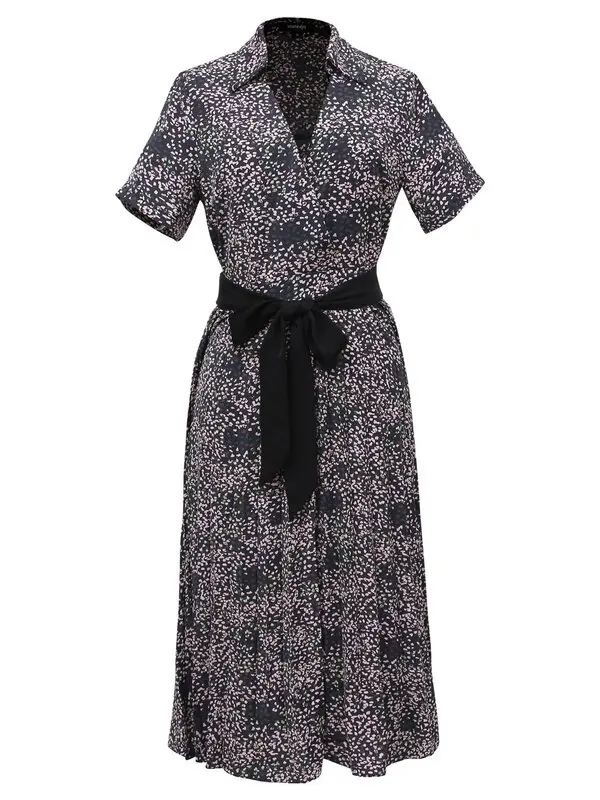 SMART AND JOY Pleats Printed Tea Dress And Added Belt Navy & Pink - Black