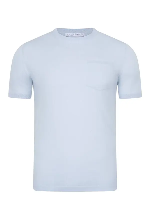 PAUL JAMES KNITWEAR Ultra Fine Cotton Eduard Knitted Pocket T-shirt Pale - Blue