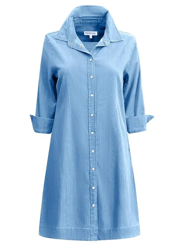 PERLAVERA Glenn Light Wash Denim Three Quarter Sleeve Length Slim Fit Mini Dress - Blue
